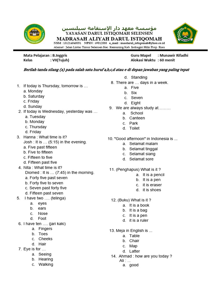 Kelas VII B.Inggris: Soal & Tugas | PDF