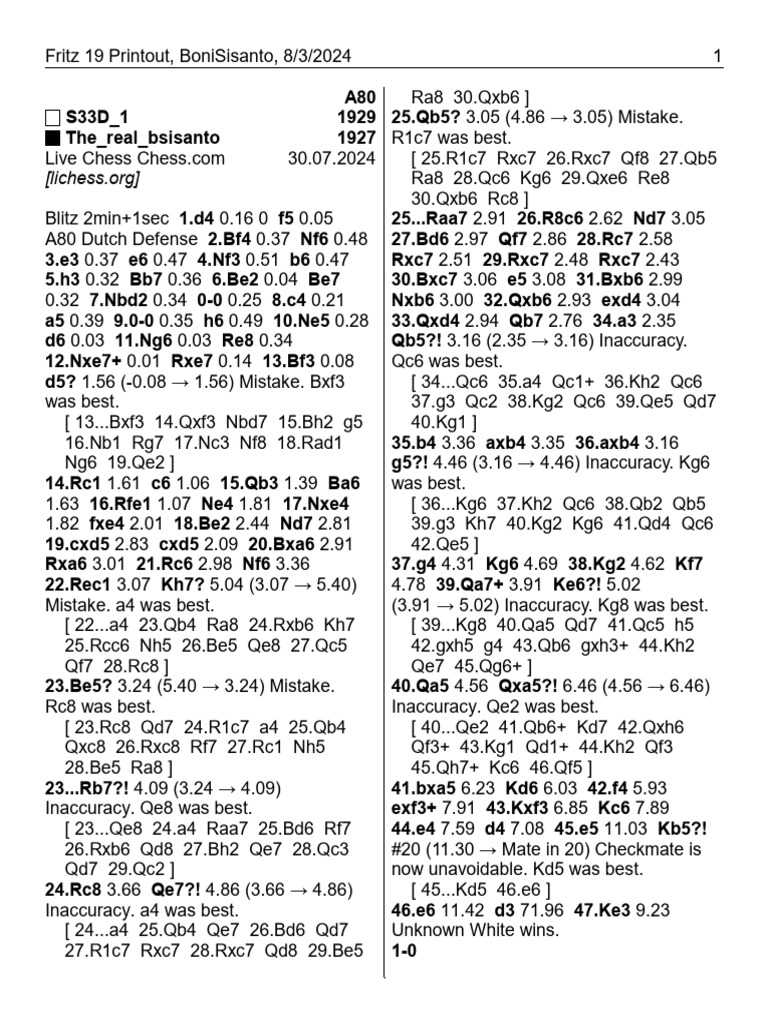 A80 Dutch Defense S33D - 1 1929 | PDF | Chess | Chess Theory