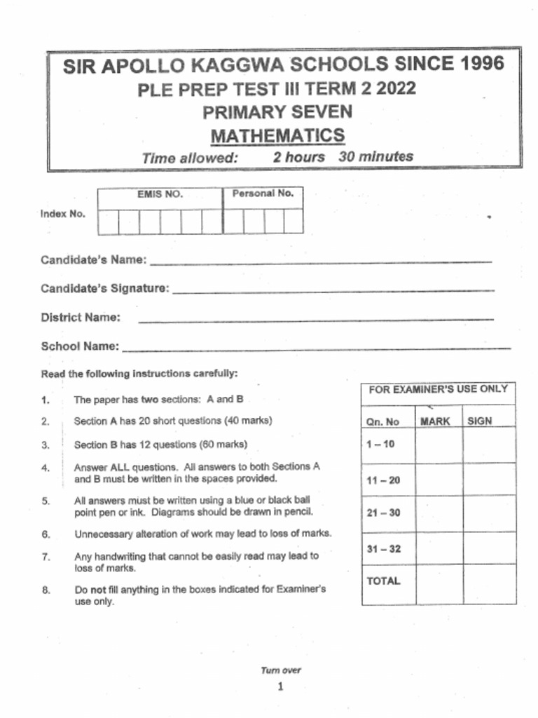 p7 Maths Pre Mock | PDF