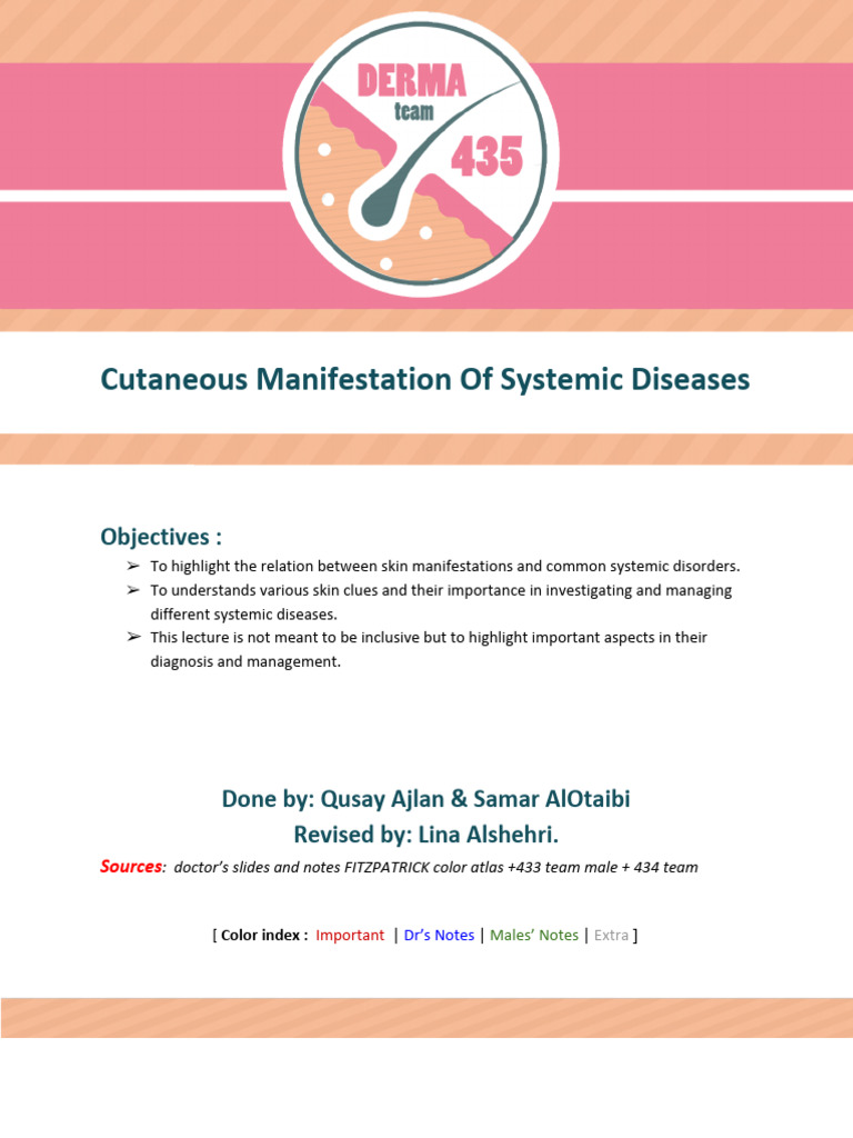 Skin Signs of Systemic Diseases | PDF | Skin | Causes Of Death