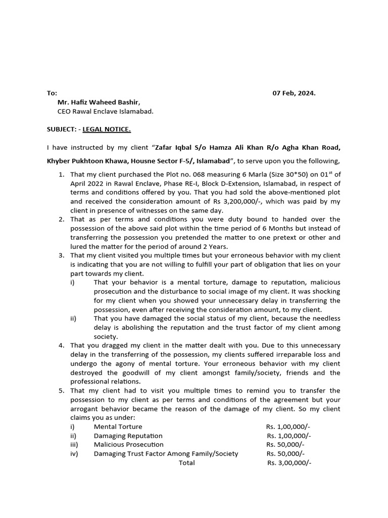 Legal Notice: Plot Possession Delay | PDF | Public Law | Government