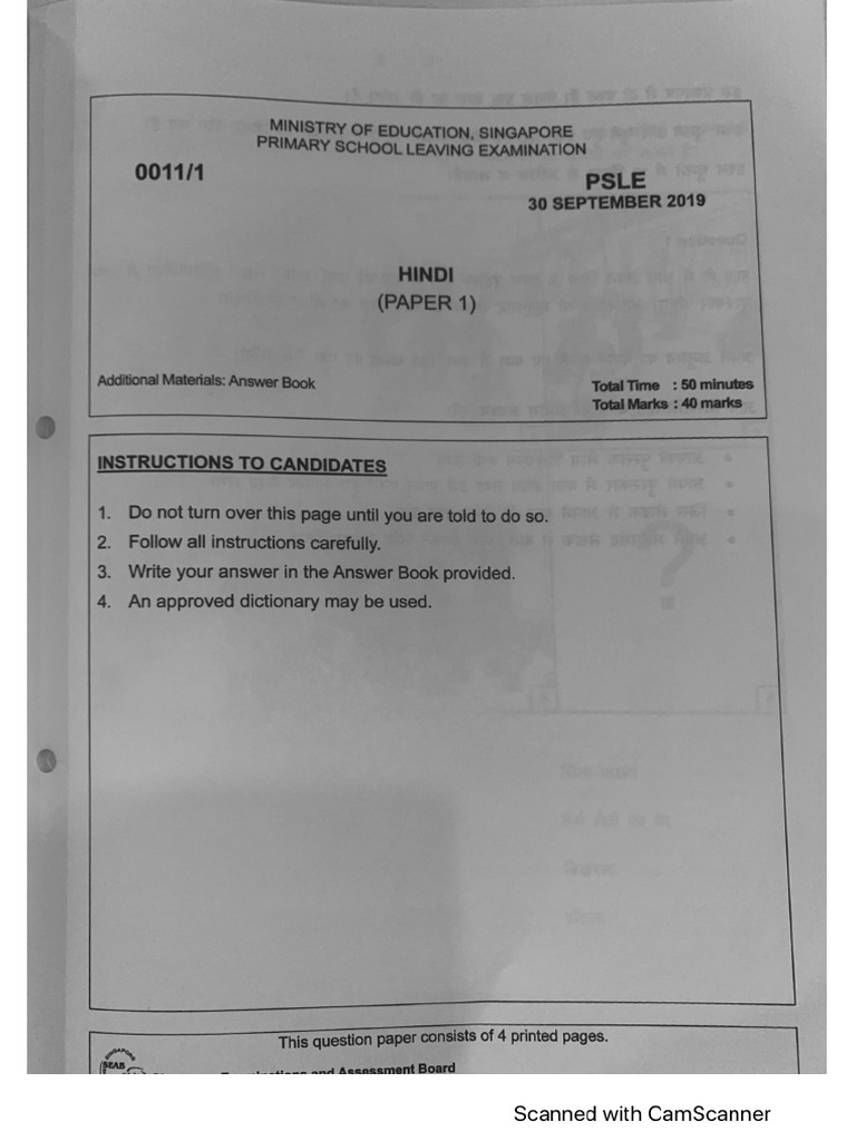 2019 HINDI Psle Paper | PDF