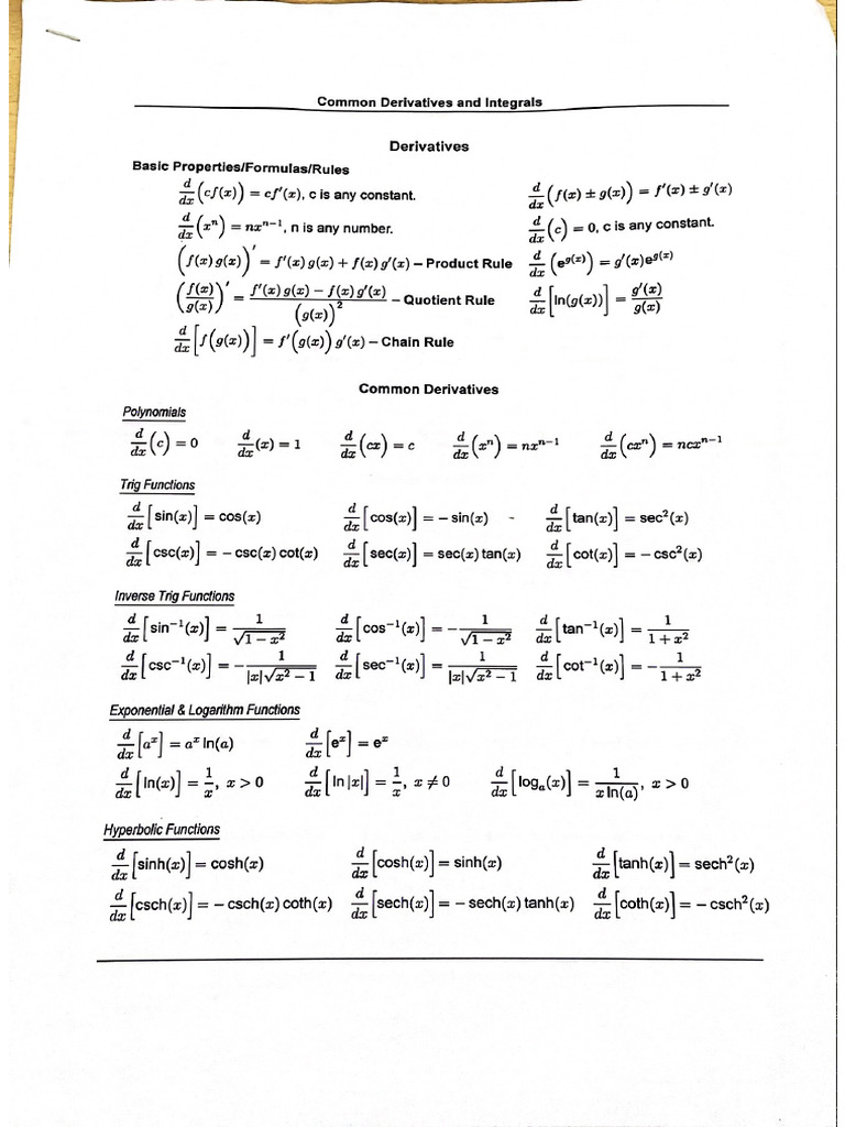 Integration and Derivation Formulae | PDF