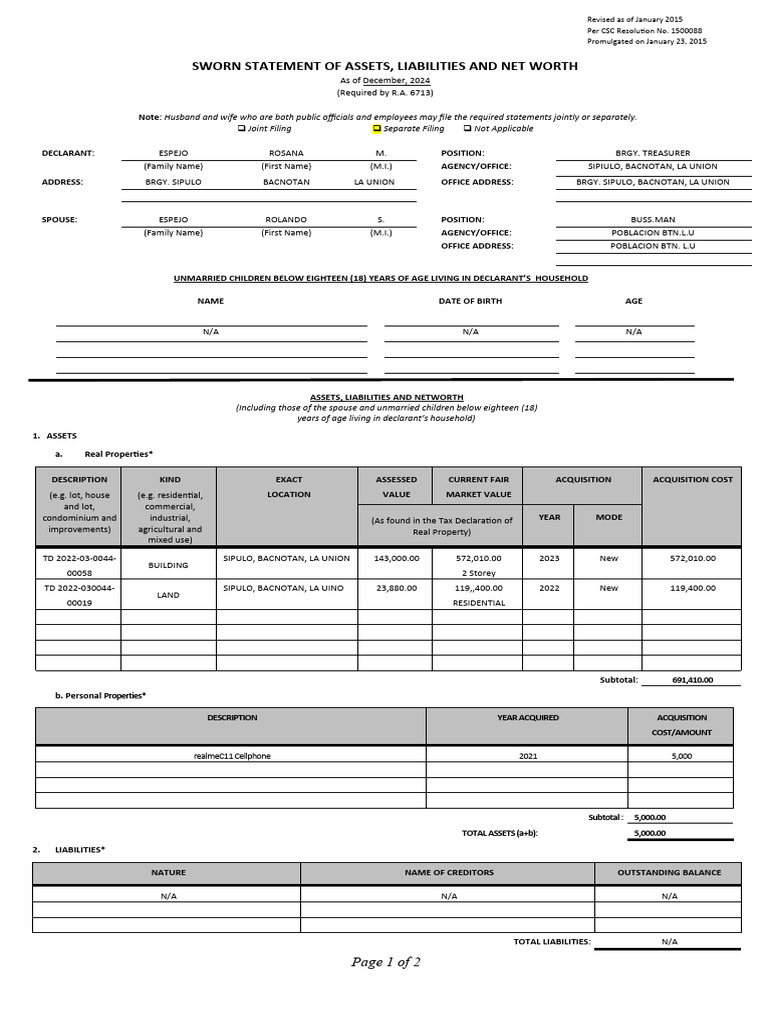 Saln 2023 of Espejorosana M | PDF | Net Worth | Economies
