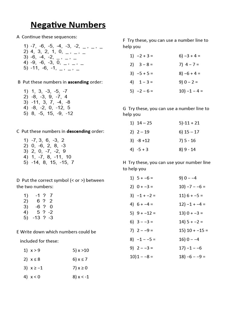 Negative Numbers Worksheet | PDF