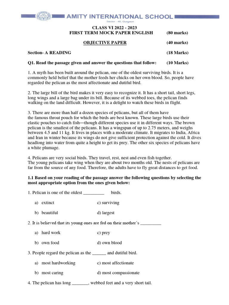 English Mock Paper Term 1 2022-23 (VI) | PDF | Birds | Nelson Mandela