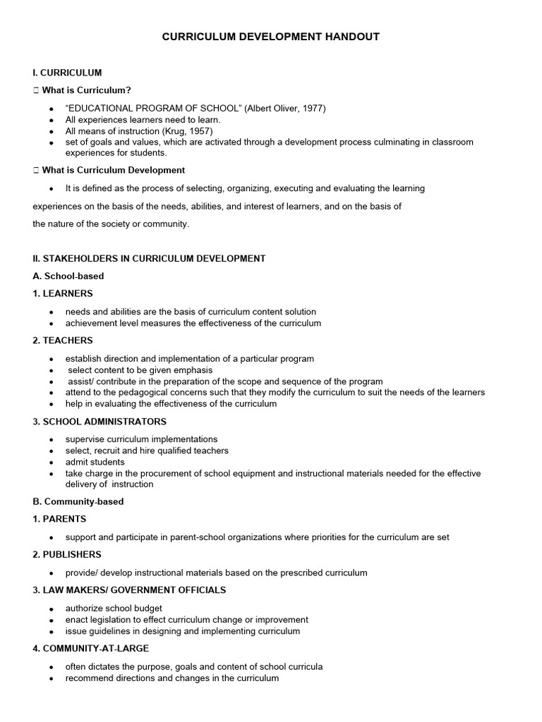 Curriculum Development Handout | PDF | Curriculum | Learning