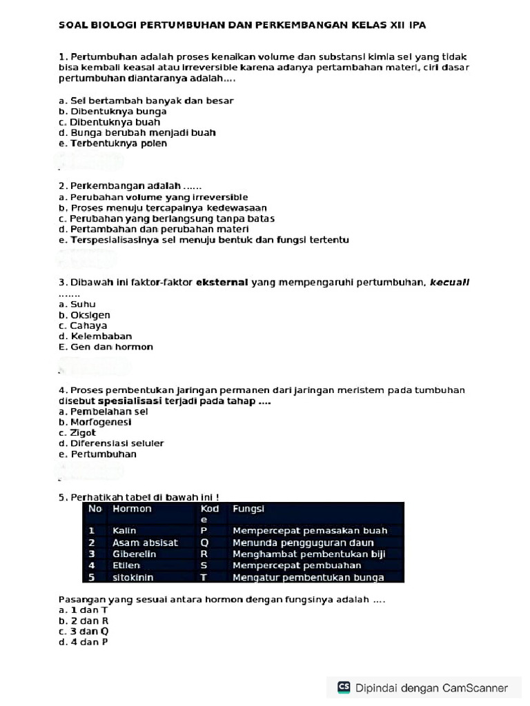 Latihan Soal Pertumbuhan Dan Perkembangan 12 | PDF