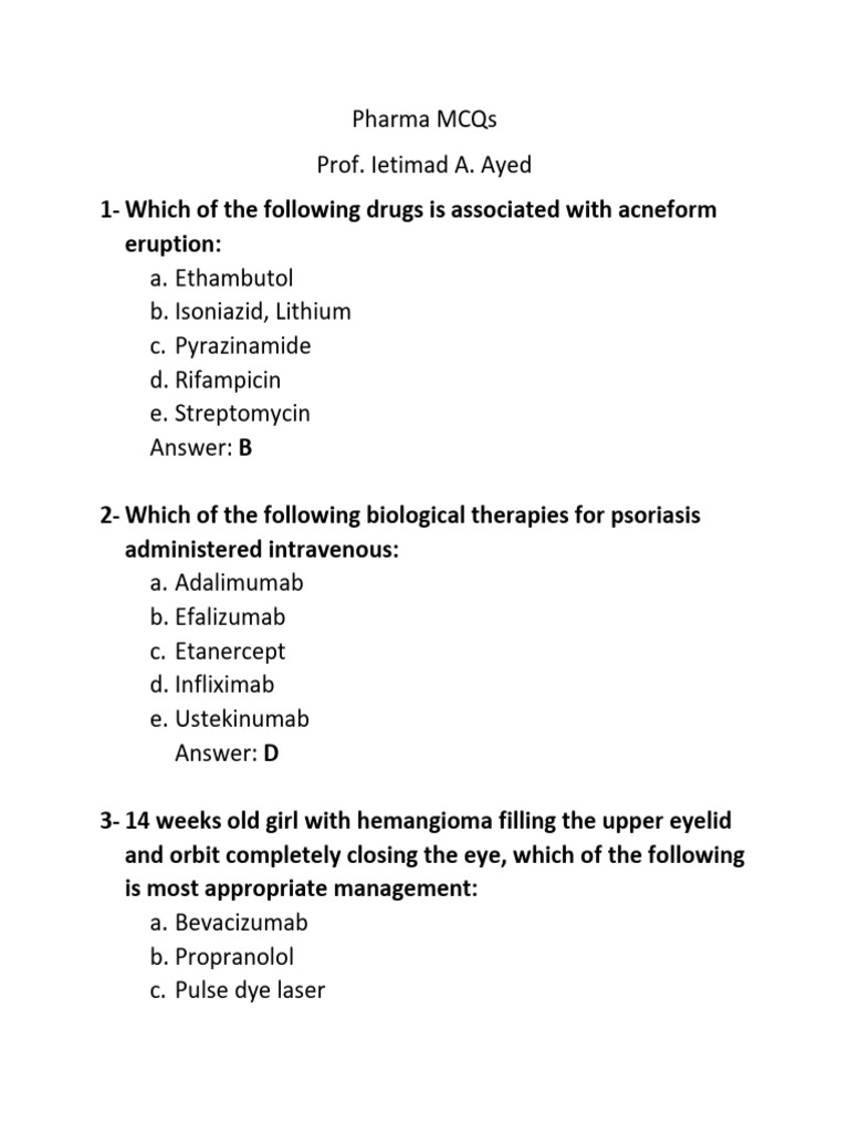Pharma MCQs DR Etimad | PDF | Zinc | Psoriasis