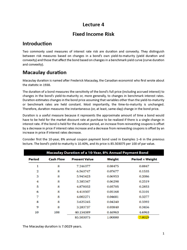 Lecture 4 - Fixed Income Risk | PDF | Bond Duration | Bonds (Finance)