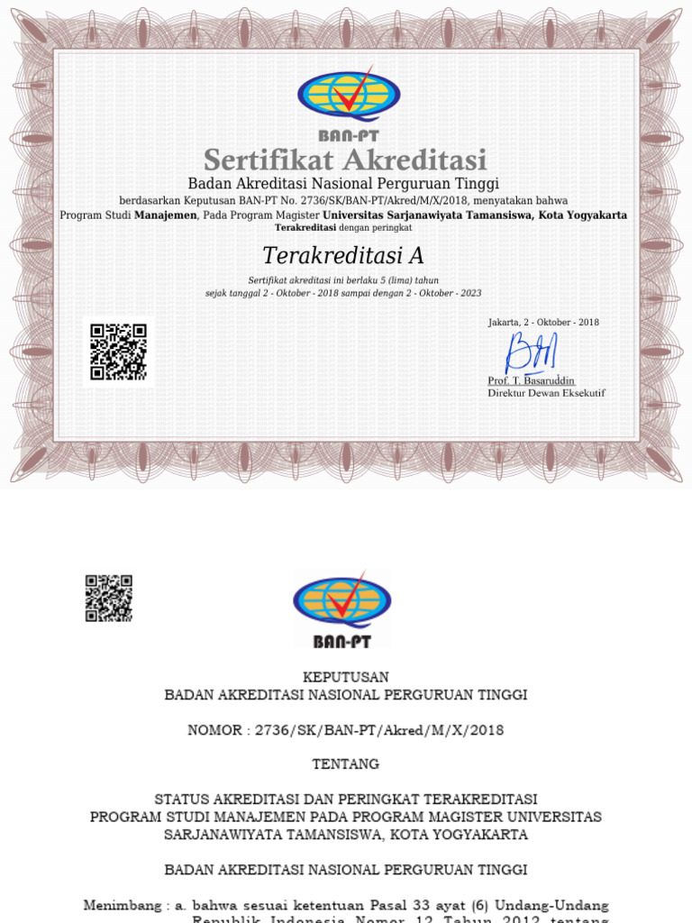 2018 Sertifikat Akreditasi S2 Manajemen | PDF | Karier & Perkembangan | Pengelolaan Keuangan & Uang