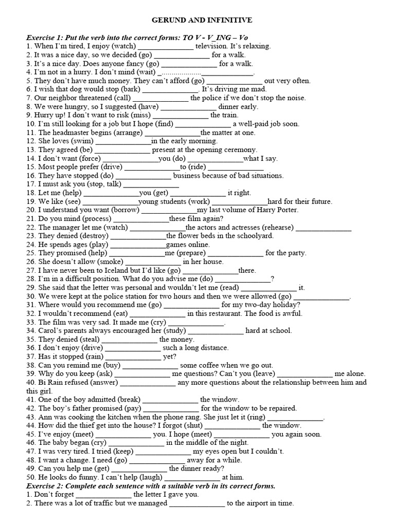 Gerunds and Infinitives Exercises | PDF | Art