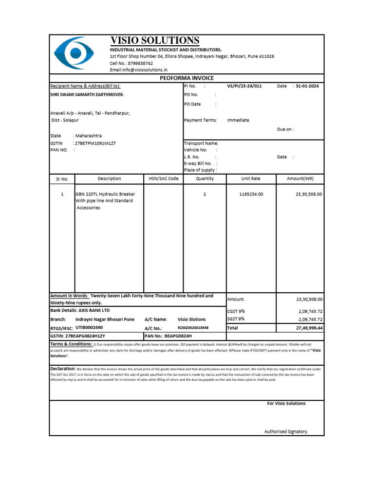 Vs PI Shri Swami Samarth Earthmovers 011 | PDF | Invoice | Payments