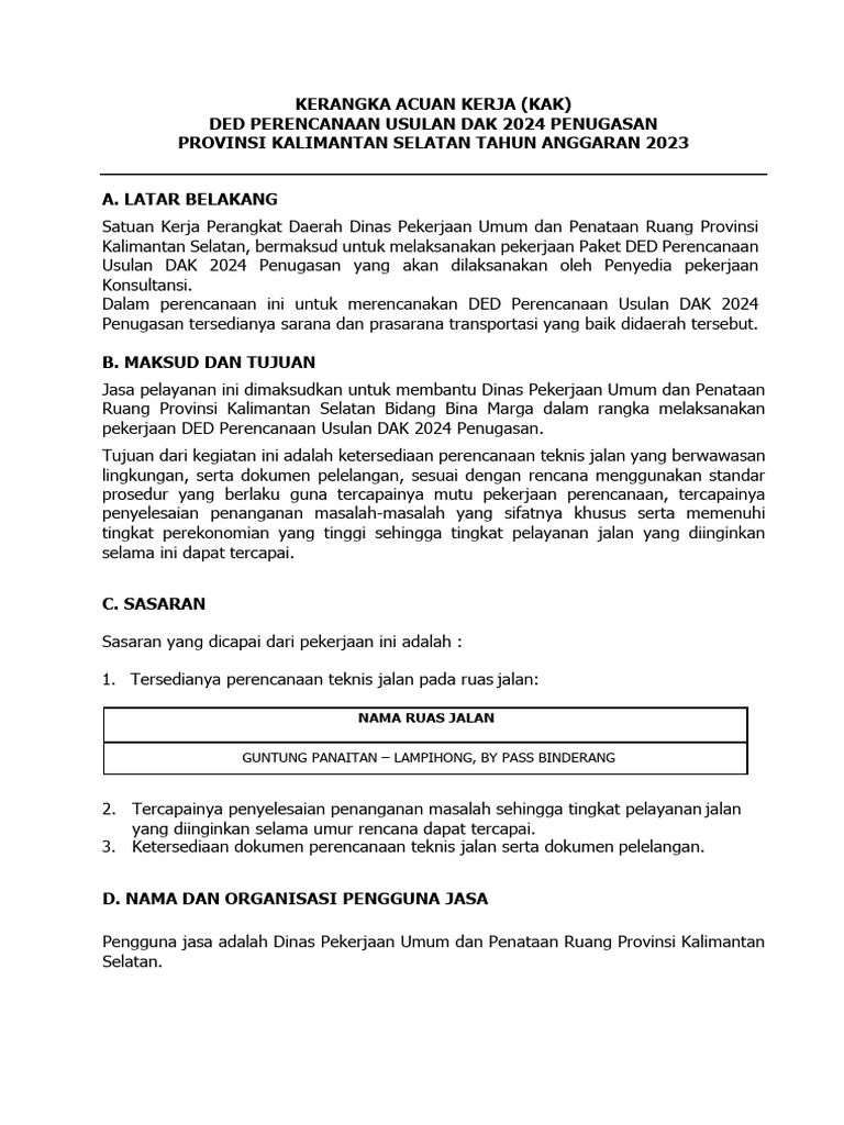 KAK DED Jalan DED Perencanaan Usulan DAK 2024 Penugasan | PDF