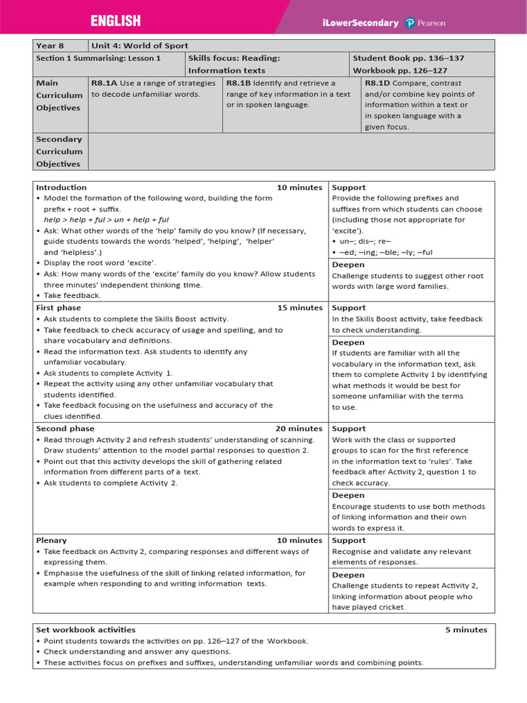 iLS - English - Lesson Plans - Y8 - Unit - 4 | PDF | Vocabulary | Information