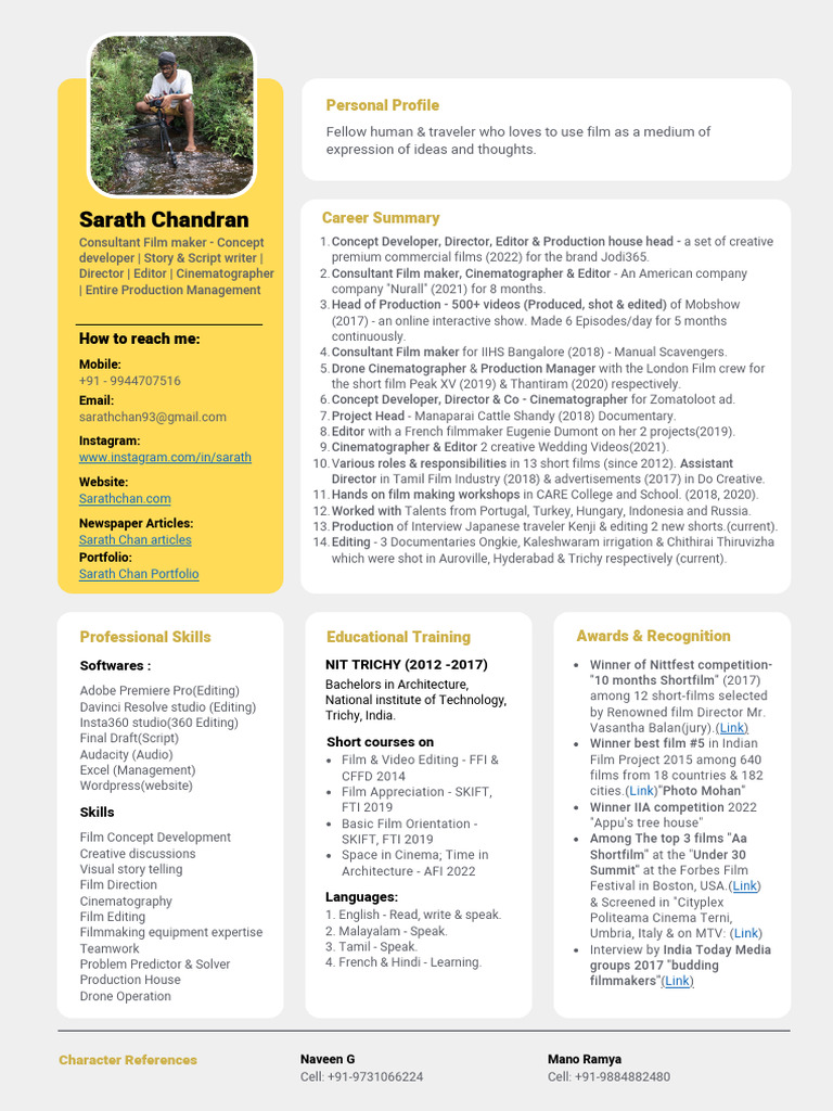 Sarath Chandran Resume 2022 V2.3 | PDF | Editing | Filmmaking