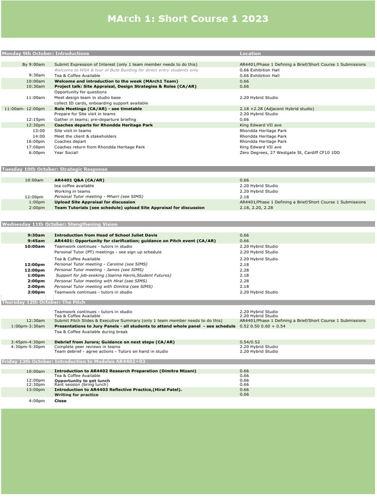 MArch1 Short Course 1 Timetable FINAL 2023-24 | PDF