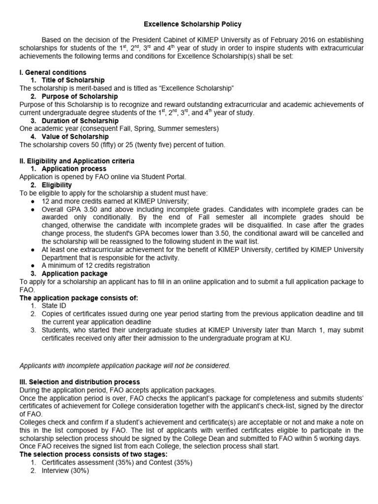 Excellence Scholarship Policy - Eng 3 | PDF | Fee | Tuition Payments