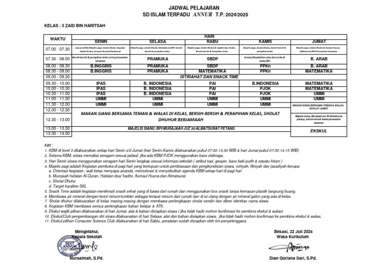 Jadwal Pelajaran Kelas 3 SDIT Annur 2024 | PDF