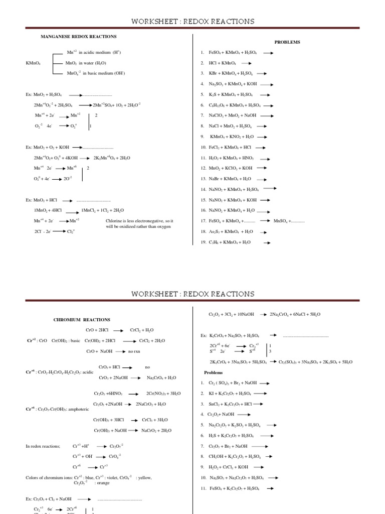 Redox Reactions Worksheet | PDF | Redox | Atoms