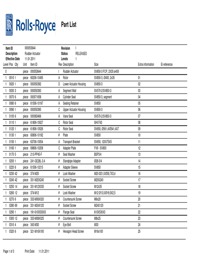 Rudder Actuator Parts List | PDF | Screw | Equipment