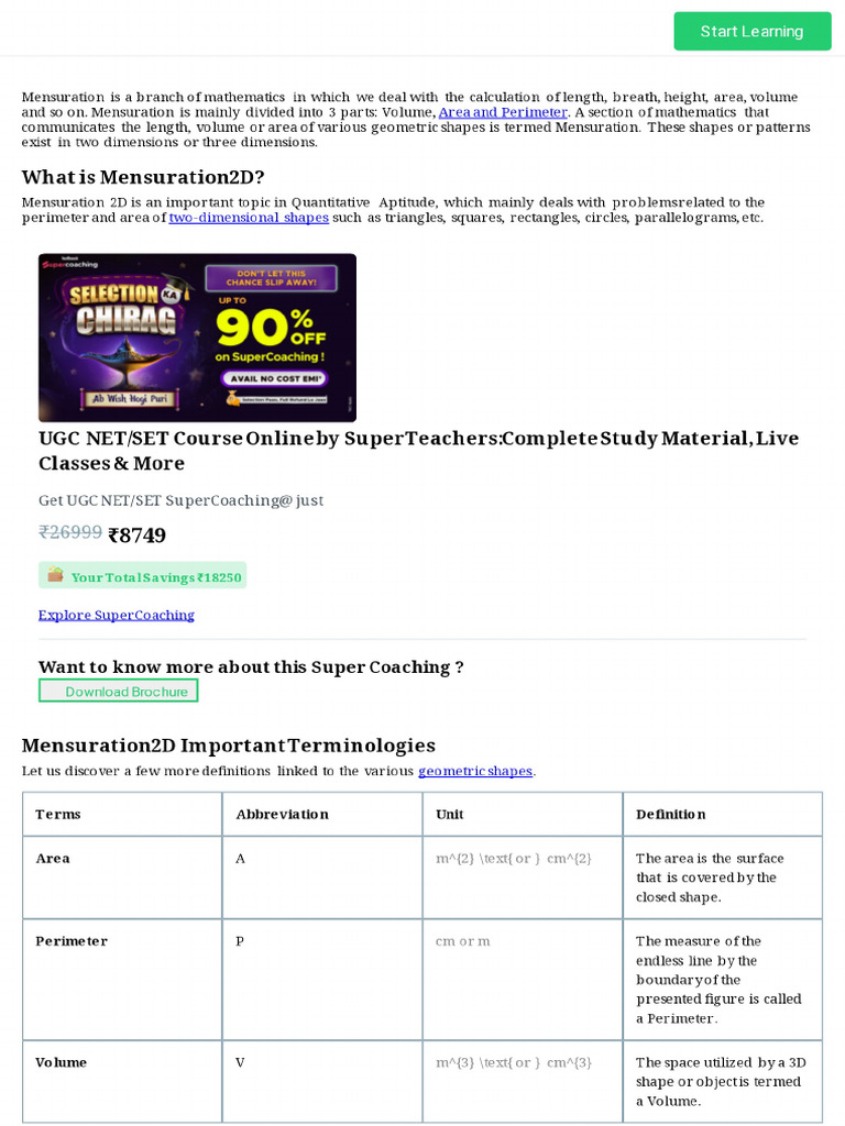 Mensuration 2D Shapes, Formulas, Properties With Examples | PDF