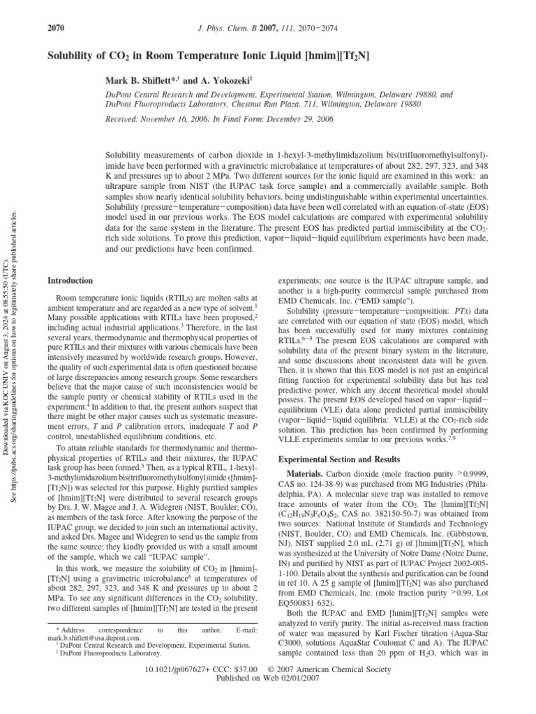 Shiflett Yokozeki 2007 Solubility of Co2 in Room Temperature Ionic Liquid Hmim tf2n | PDF ...
