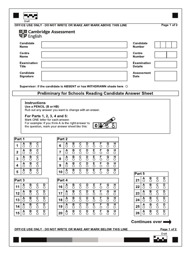 B1 Preliminary For Schools Candidate Answer Sheets (Reading and Listening) | PDF