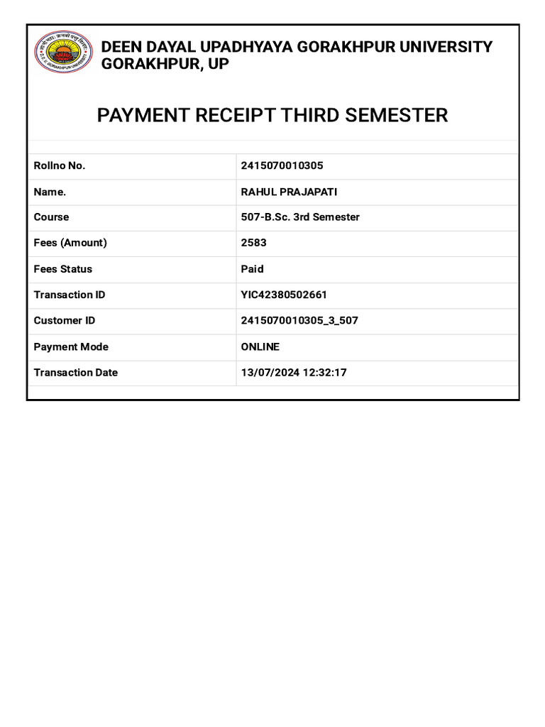 DDU Gorakhpur Third Semester Fee Receipt | PDF