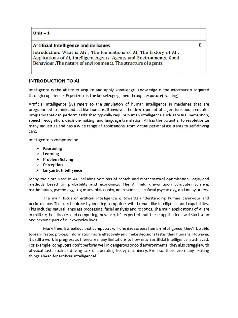 UNIT1 | PDF | Artificial Intelligence | Intelligence (AI) & Semantics