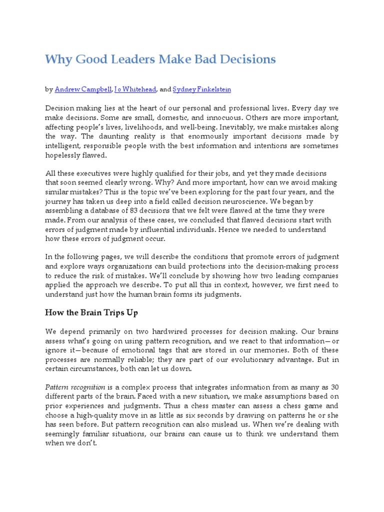 Why Good Leaders Make Bad Decisions | PDF | Decision Making ...