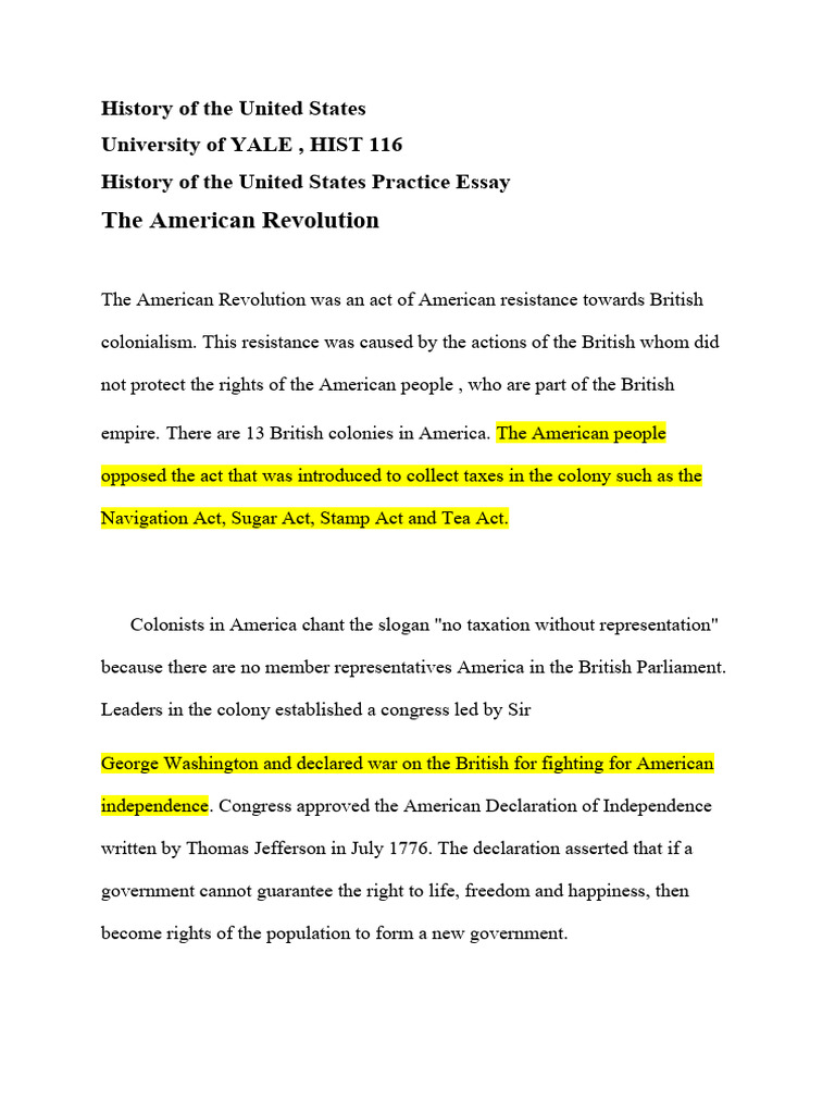 University of YALE HIST 116 History of The United States Practice Essay ...
