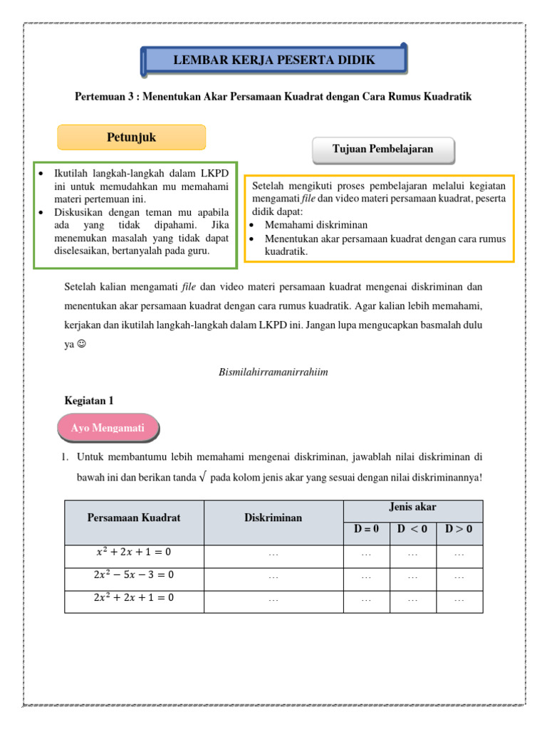 Akar Persamaan Kuadrat Kelas 9 | PDF | Metode & Bahan Ajar
