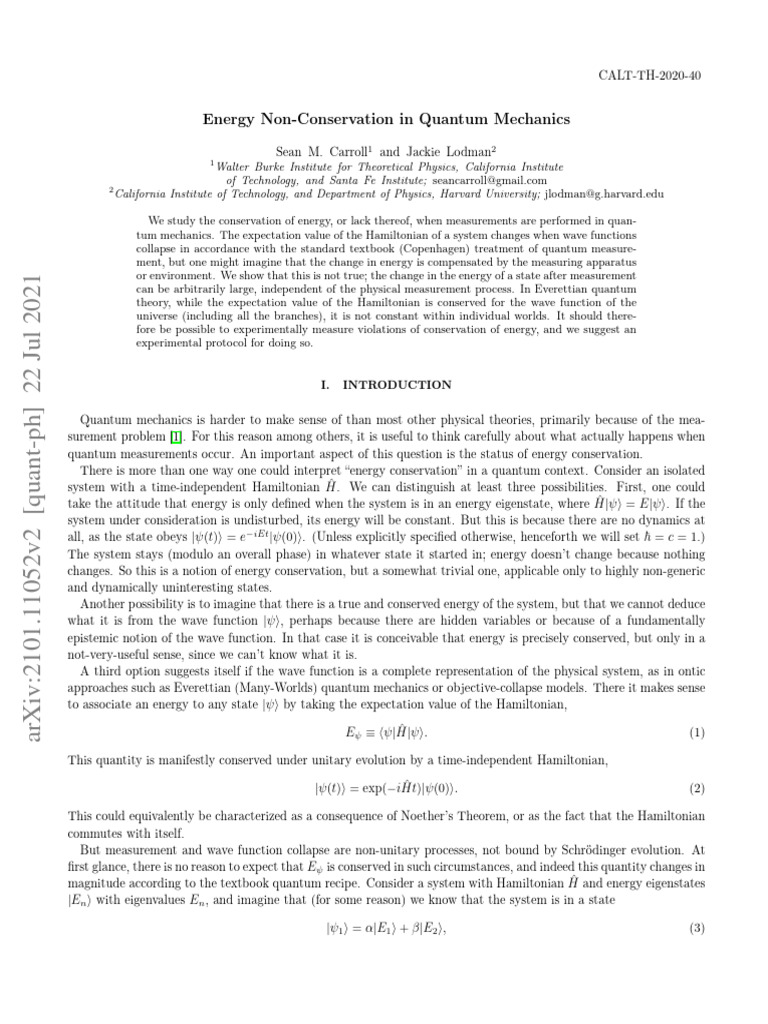 Energy Non-Conservation in Quantum | PDF | Wave Function | Quantum ...