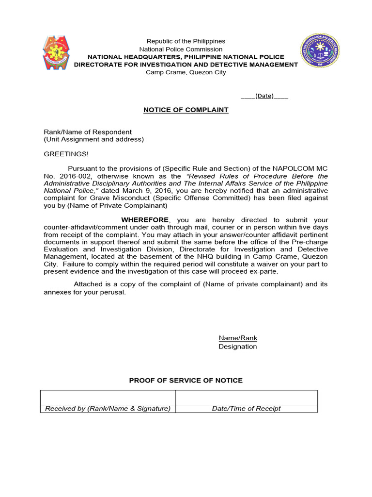 Notice of Complaint | PDF | Complaint | Affidavit