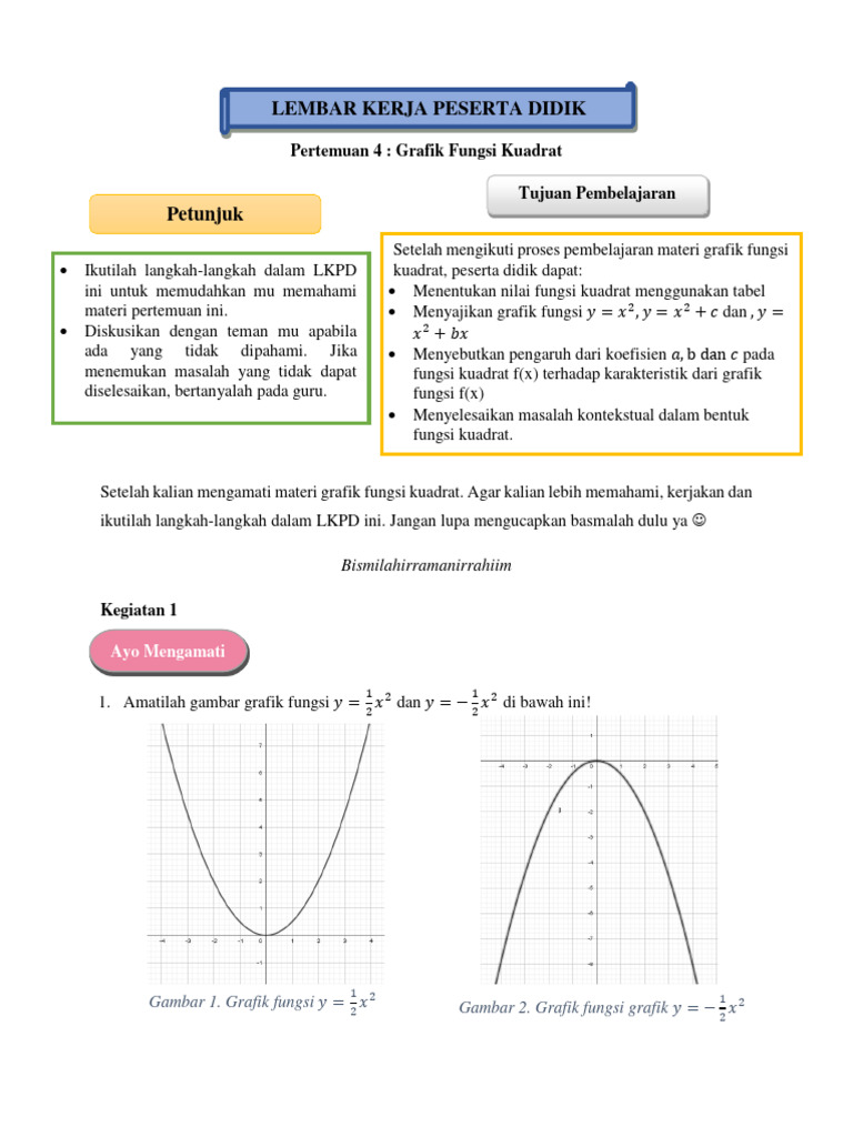 LKPD Grafik Fungsi Kuadrat Kelas 9 | PDF