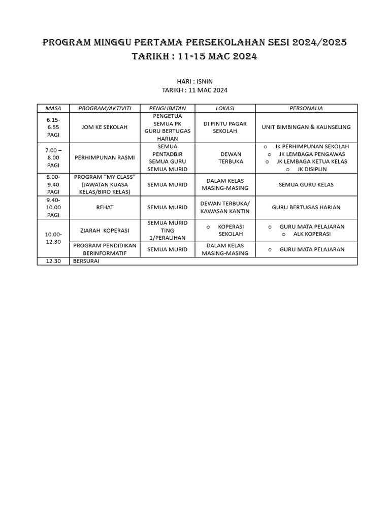 Program Minggu Pertama Persekolahan 2024 | PDF