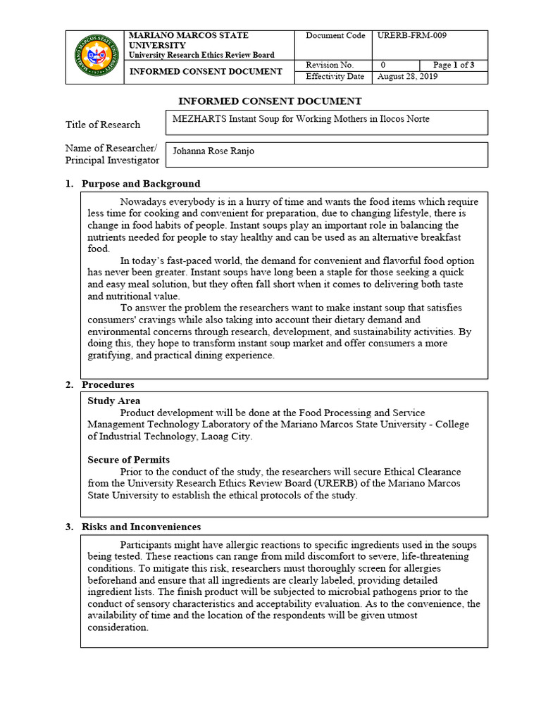 URERB Form 9 Informed Consent Document Template - Doc Editeddddd | PDF | Allergy | Informed Consent