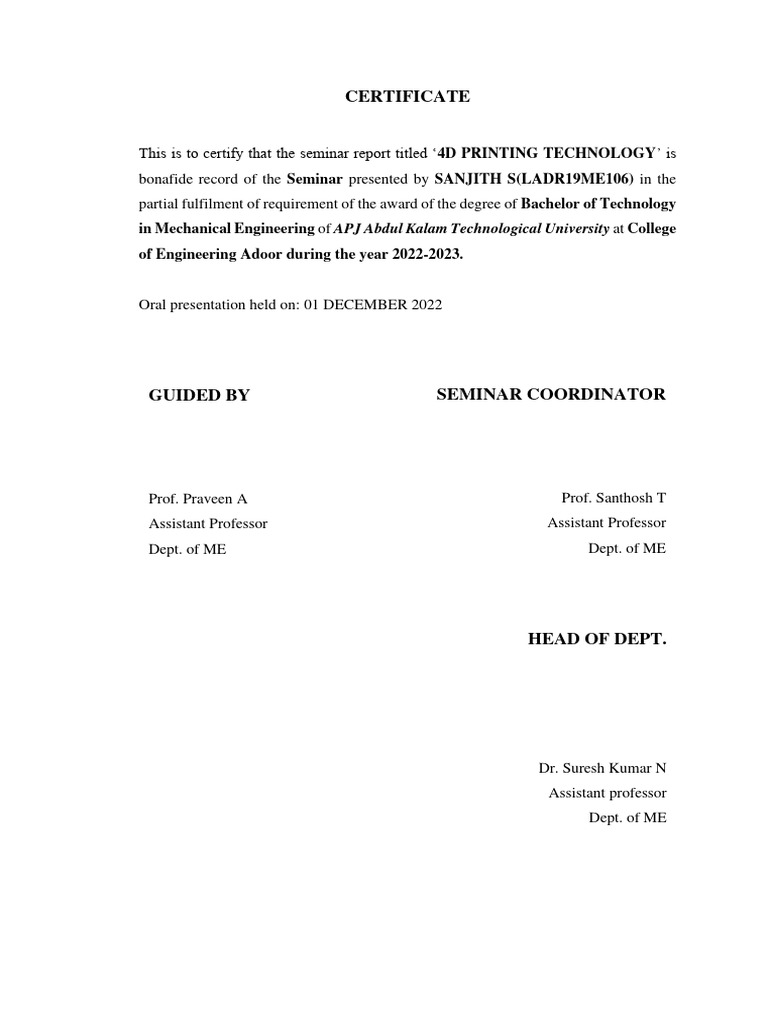 4D PRINTING Sanjith S Seminar Report-2-34 | PDF | 3 D Printing | Shape ...