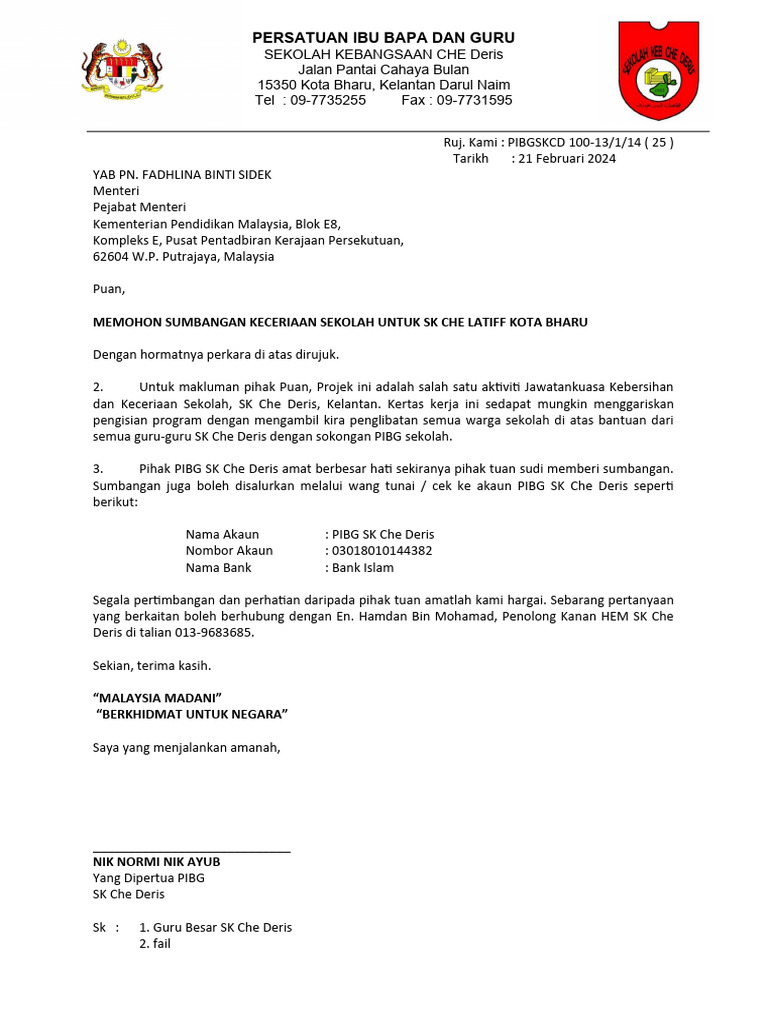 Permohonan Sumbangan SK Che Deris | PDF