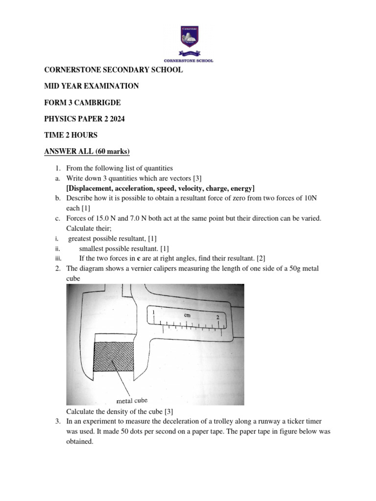 Form 3 Cambridge Physics P2 2nd Term 2024 | PDF | Force | Acceleration
