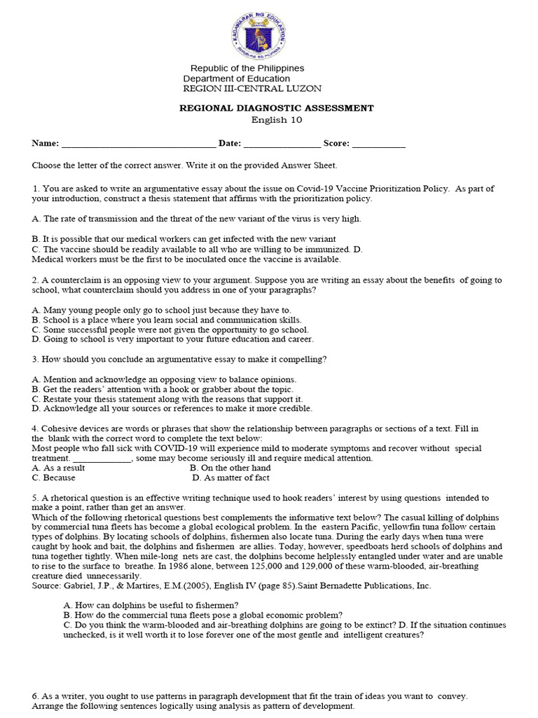 Diagnostic Assessment Tool in English - Grade 10 | PDF | Infection | Virus