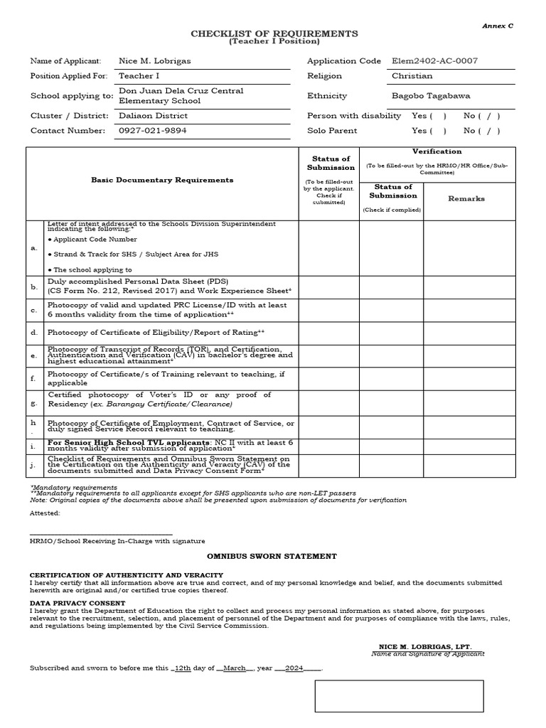 Annex C Teacher I Checklist | PDF