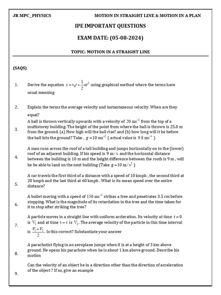 JR MPC Physics Ipe Important Questions (05-08-2024) | PDF | Speed | Mechanical Engineering