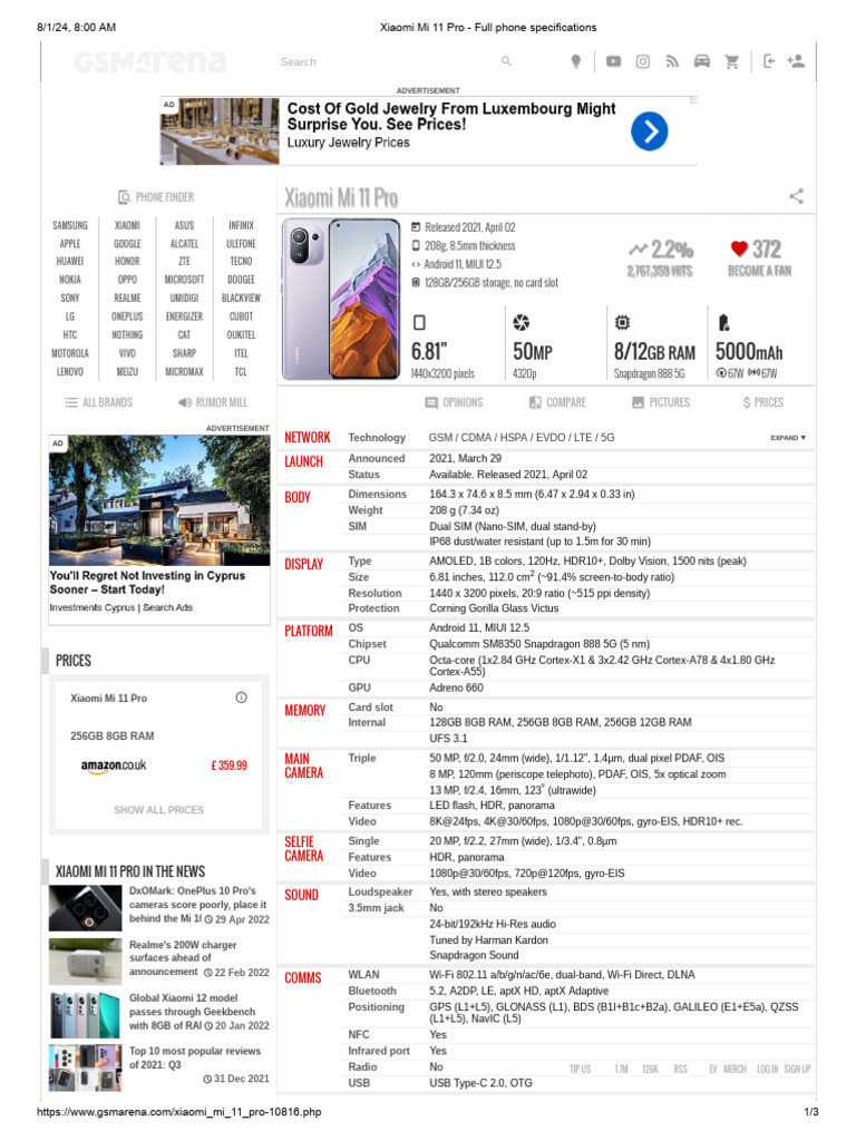 Xiaomi Mi 11 Pro - Full Phone Specifications | PDF | Xiaomi | Mobile Phones