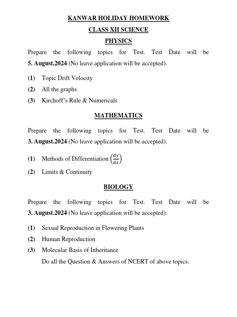 Class XII Science Holiday Homework | PDF