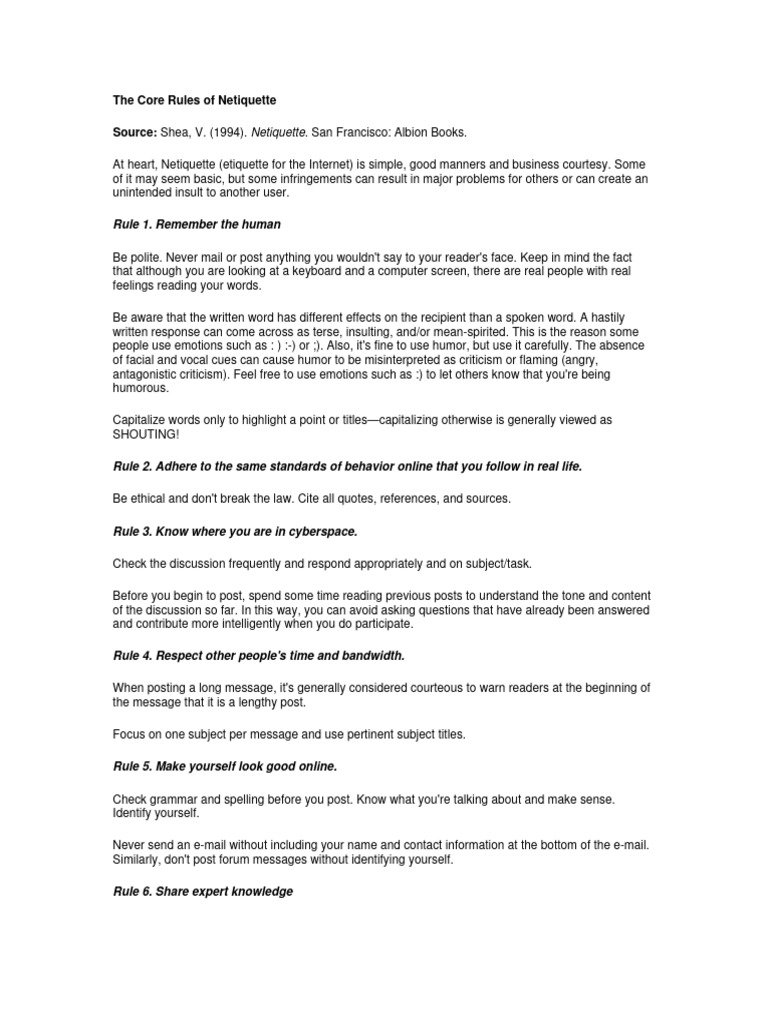 The Core Rules of Netiquette | PDF | Human Communication | Cyberspace