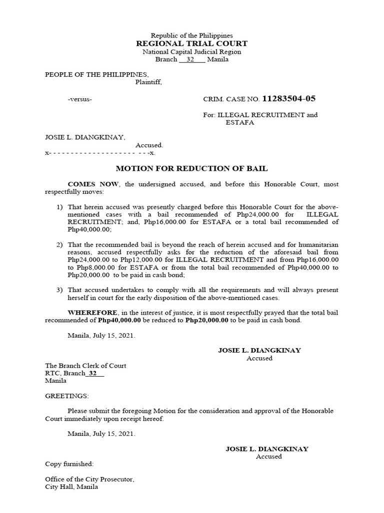 Motion For Reduction of Bail | PDF | Bail | Public Law