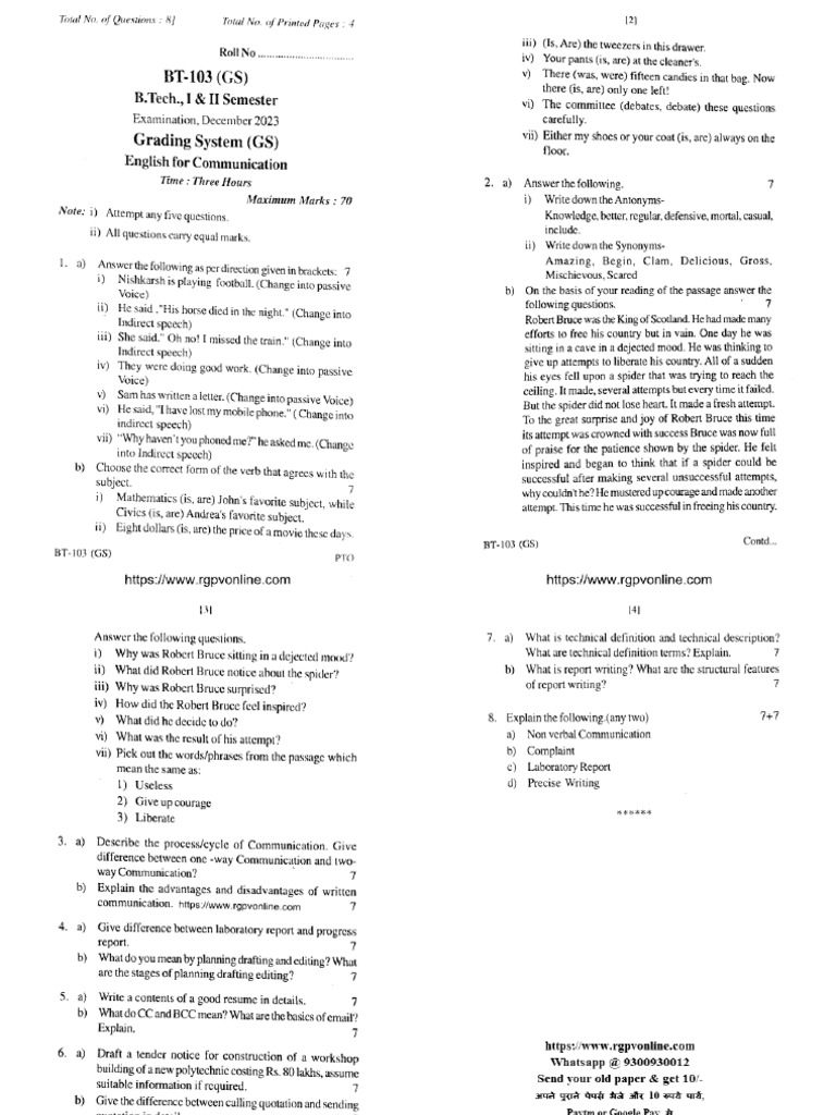 BT 103 English For Communication Dec 2023 | PDF