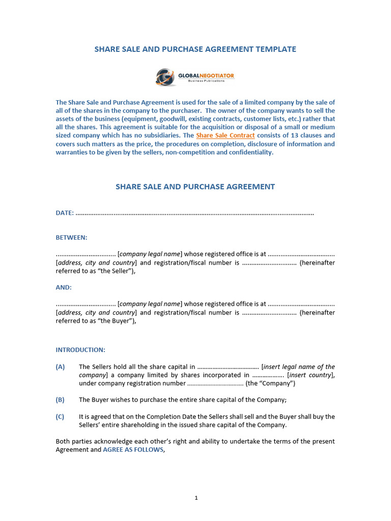 Share Sale Agreement | PDF | Procurement | Business